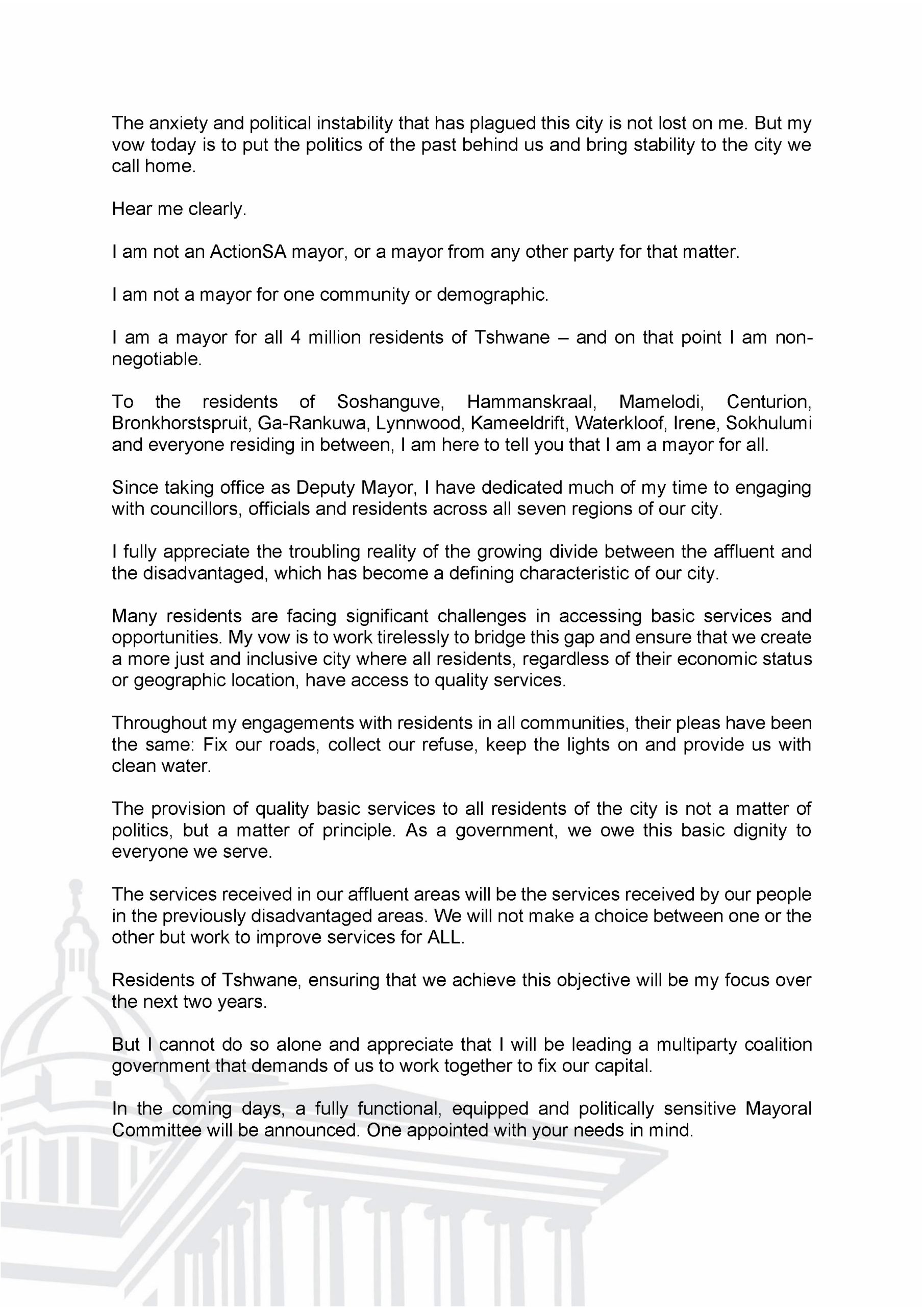 Acceptance speech by Cllr Nasiphi Moya-Executive Mayor of Tshwane - We ...